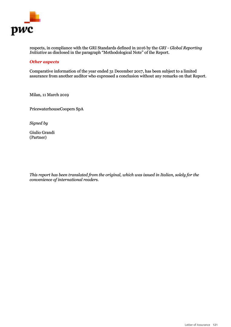 SNAM Sustainability Report 2018 Letter Of Assurance